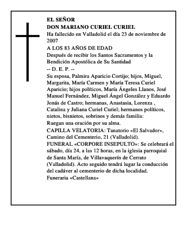 DON MARIANO CURIEL CURIEL | Esquela Necrológica | El Norte de Castilla