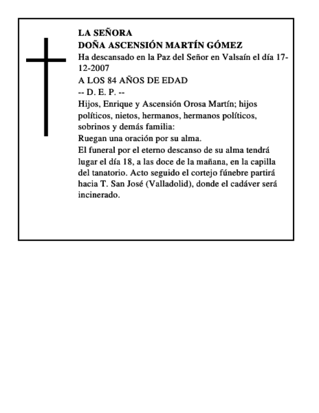 DOÑA ASCENSIÓN MARTÍN GÓMEZ | Esquela Necrológica | El Norte de Castilla
