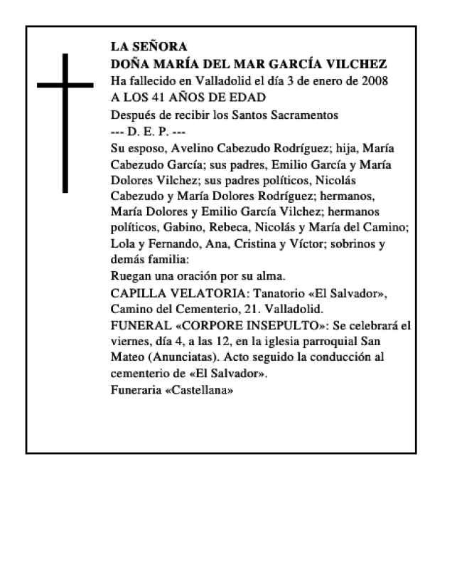 DOÑA MARÍA DEL MAR GARCÍA VILCHEZ | Esquela Necrológica | El Norte de Castilla