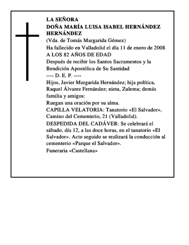 DOÑA MARÍA LUISA ISABEL HERNÁNDEZ HERNÁNDEZ | Esquela Necrológica | El Norte de Castilla