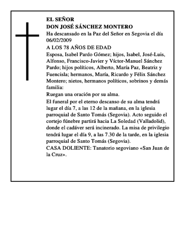 DON JOSÉ SÁNCHEZ MONTERO | Esquela Necrológica | El Norte de Castilla