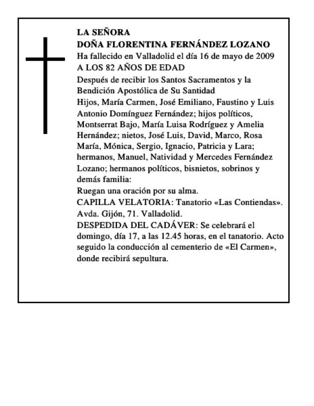 DOÑA FLORENTINA FERNÁNDEZ LOZANO | Esquela Necrológica | El Norte de Castilla
