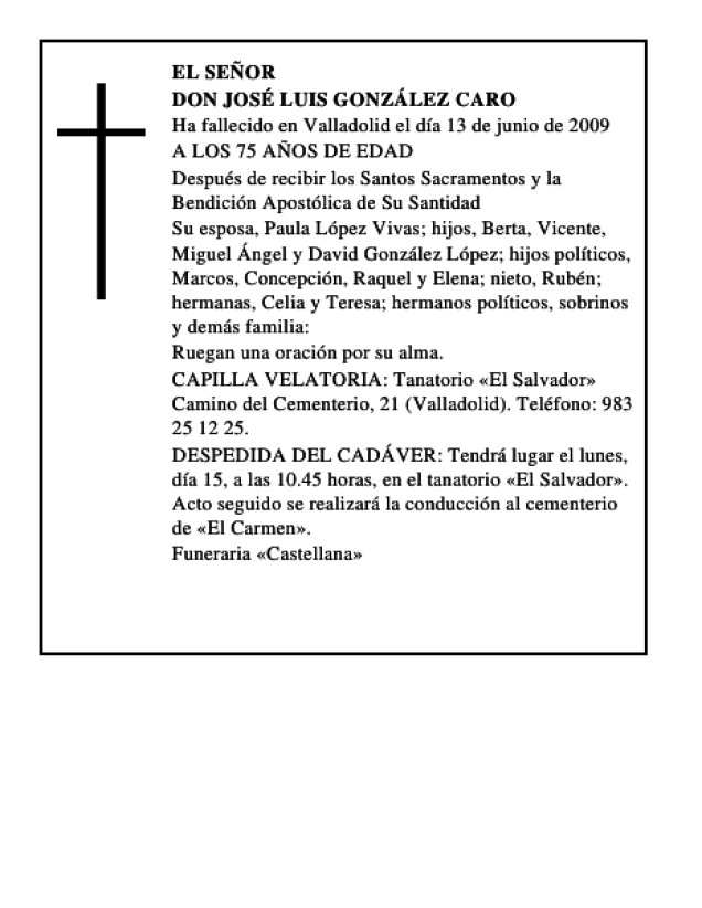 DON JOSÉ LUIS GONZÁLEZ CARO | Esquela Necrológica | El Norte de Castilla