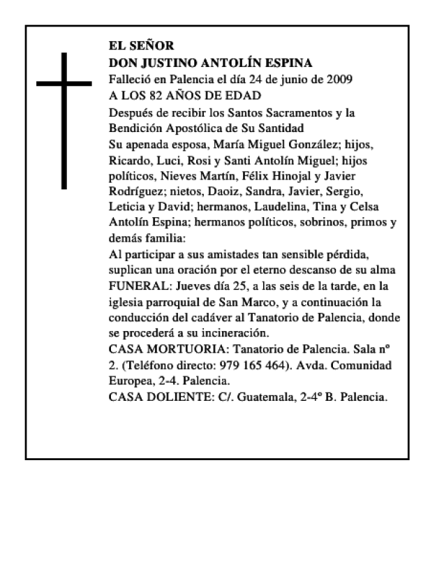 DON JUSTINO ANTOLÍN ESPINA | Esquela Necrológica | El Norte de Castilla