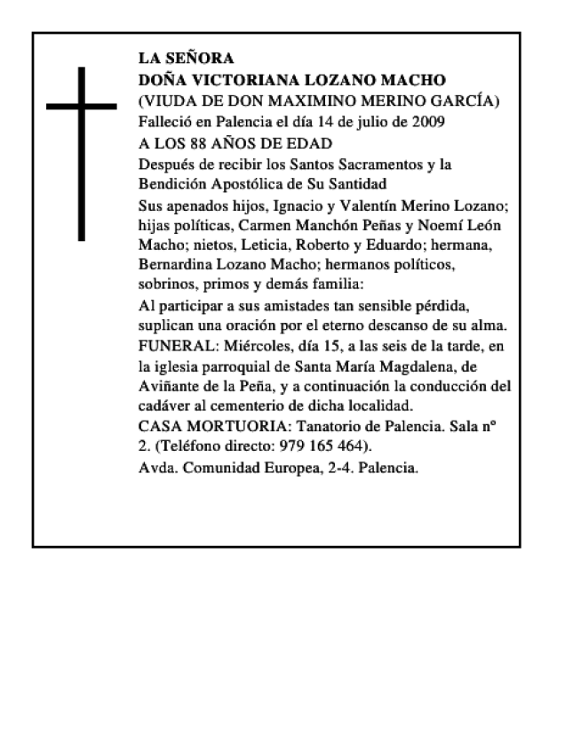 DOÑA VICTORIANA LOZANO MACHO | Esquela Necrológica | El Norte de Castilla