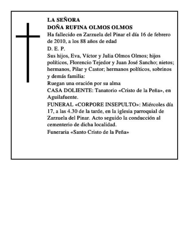 Doña Rufina Olmos Olmos | Esquela Necrológica | El Norte de Castilla