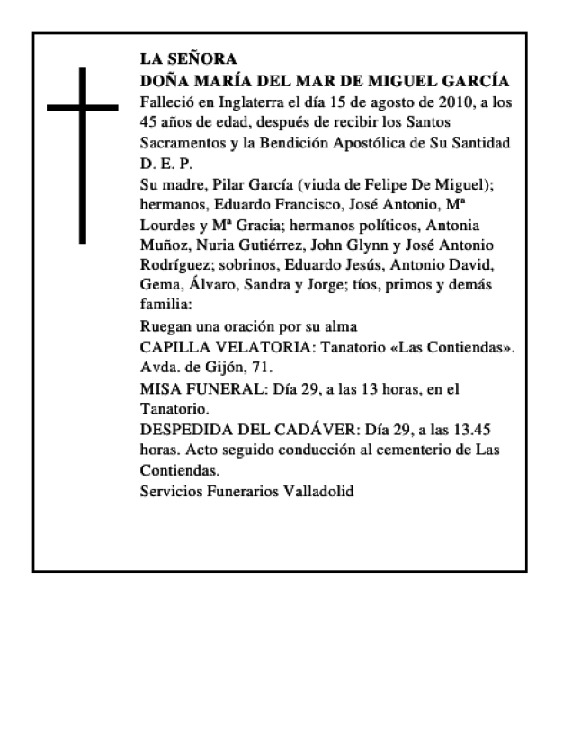 Doña María del Mar de Miguel García | Esquela Necrológica | El Norte de Castilla