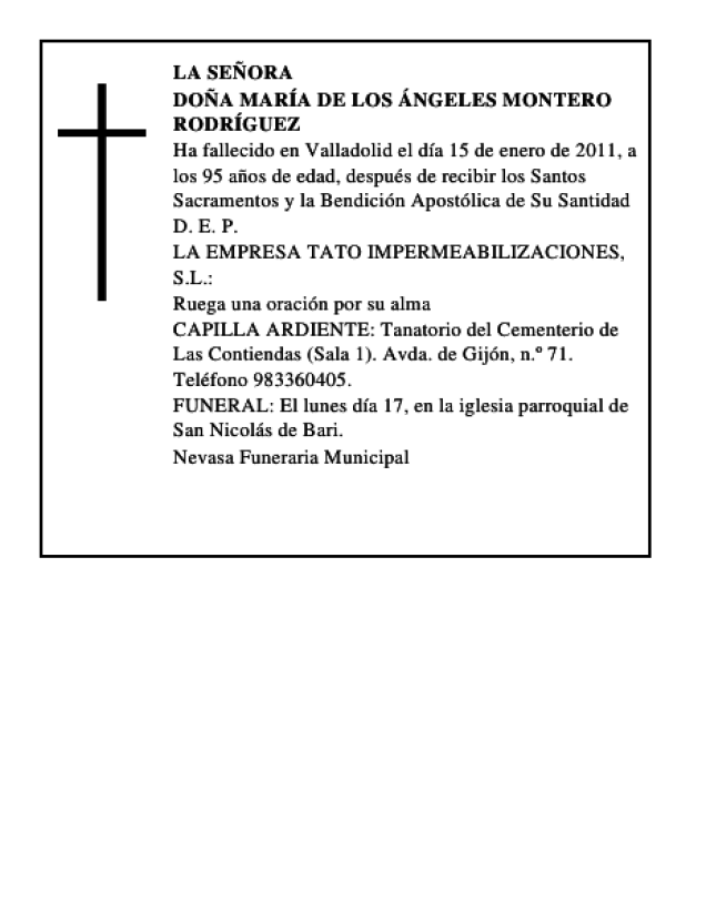 Doña María de los Ángeles Montero Rodríguez | Esquela Necrológica | El Norte de Castilla