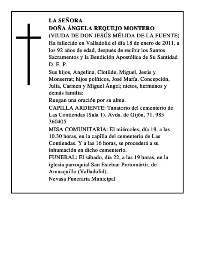 Doña Ángela Requejo Montero | Esquela Necrológica | El Norte de Castilla