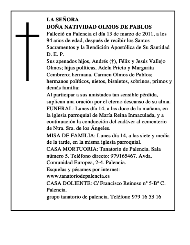 Doña Natividad Olmos de Pablos | Esquela Necrológica | El Norte de Castilla
