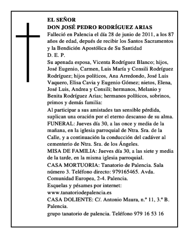 Don José Pedro Rodríguez Arias | Esquela Necrológica | El Norte de Castilla