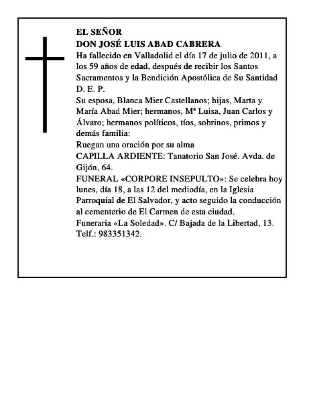 Don José Luis Abad Cabrera | Esquela Necrológica | El Norte de Castilla