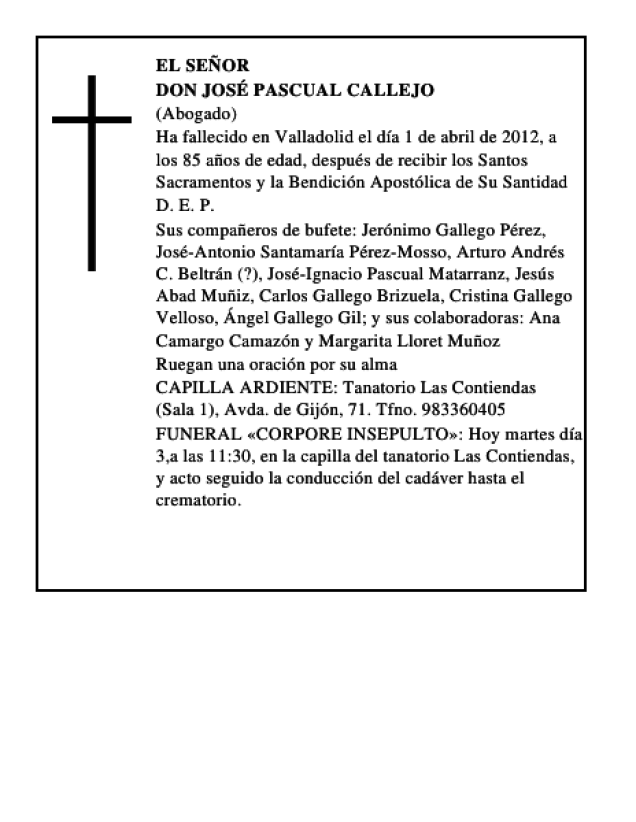 Don José Pascual Callejo | Esquela Necrológica | El Norte de Castilla