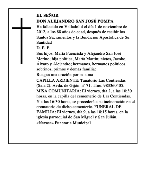 Don Alejandro San José Pompa | Esquela Necrológica | El Norte de Castilla