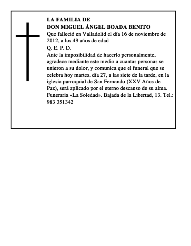 Don Miguel Ángel Boada Benito | Esquela Necrológica | El Norte de Castilla
