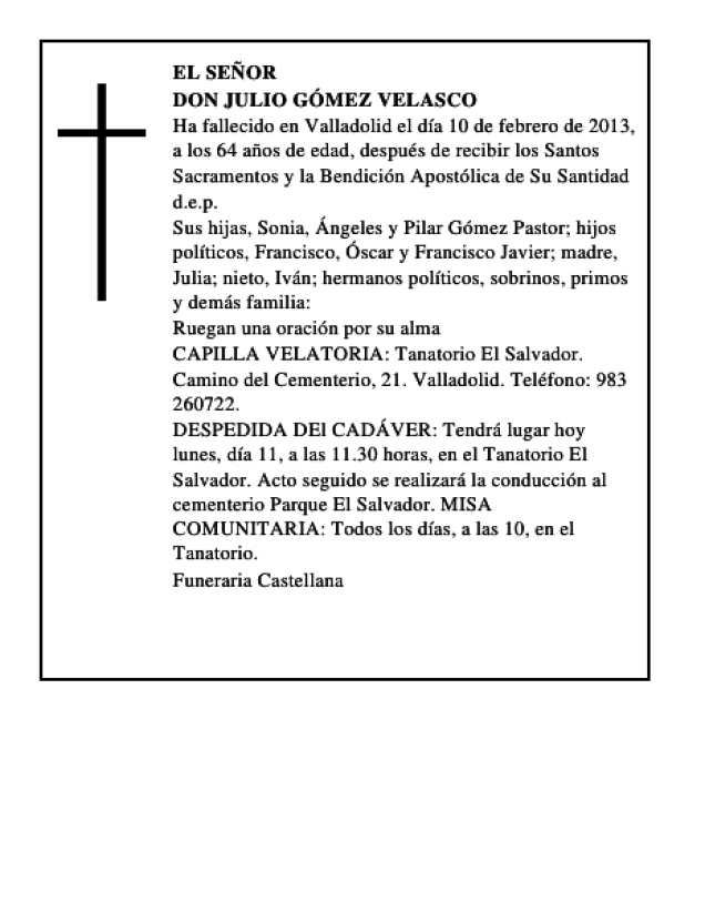 Don Julio Gómez Velasco | Esquela Necrológica | El Norte de Castilla