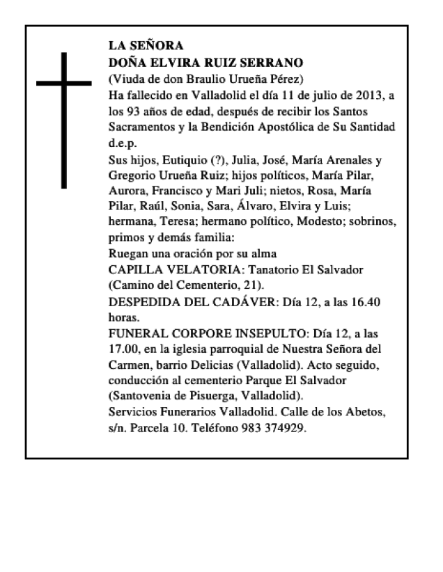 Doña Elvira Ruiz Serrano | Esquela Necrológica | El Norte de Castilla