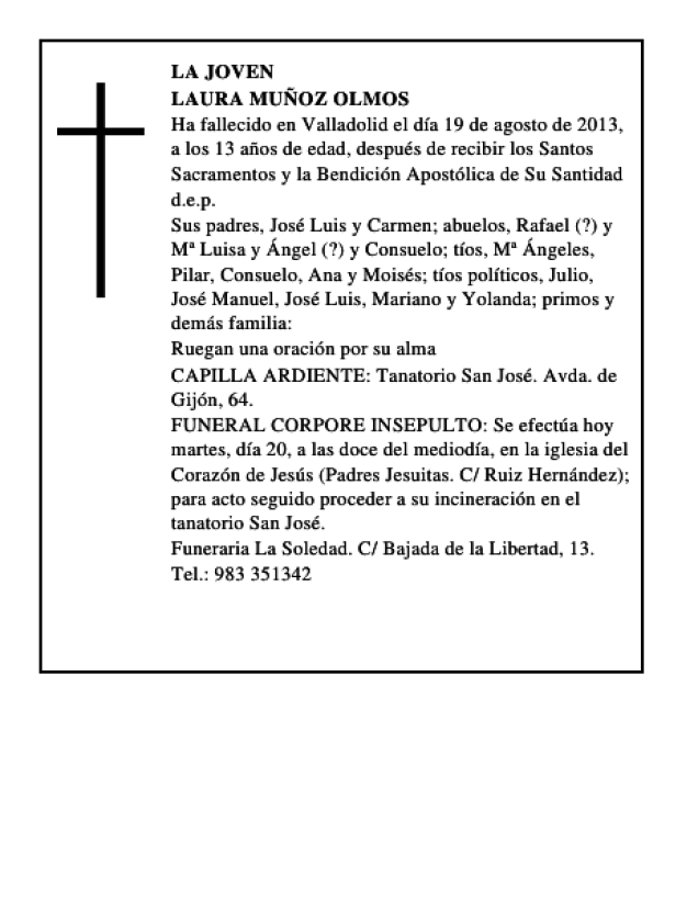 Laura Muñoz Olmos | Esquela Necrológica | El Norte de Castilla
