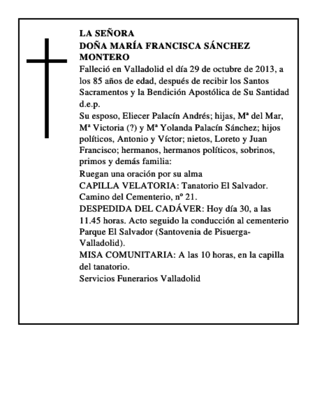 Doña María Francisca Sánchez Montero | Esquela Necrológica | El Norte de Castilla