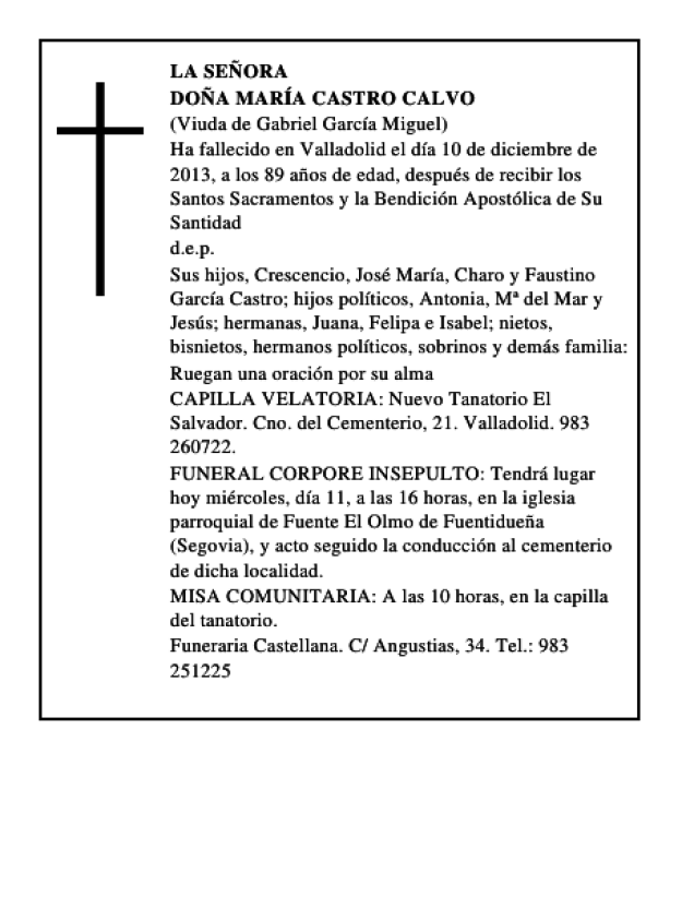 Doña María Castro Calvo | Esquela Necrológica | El Norte de Castilla