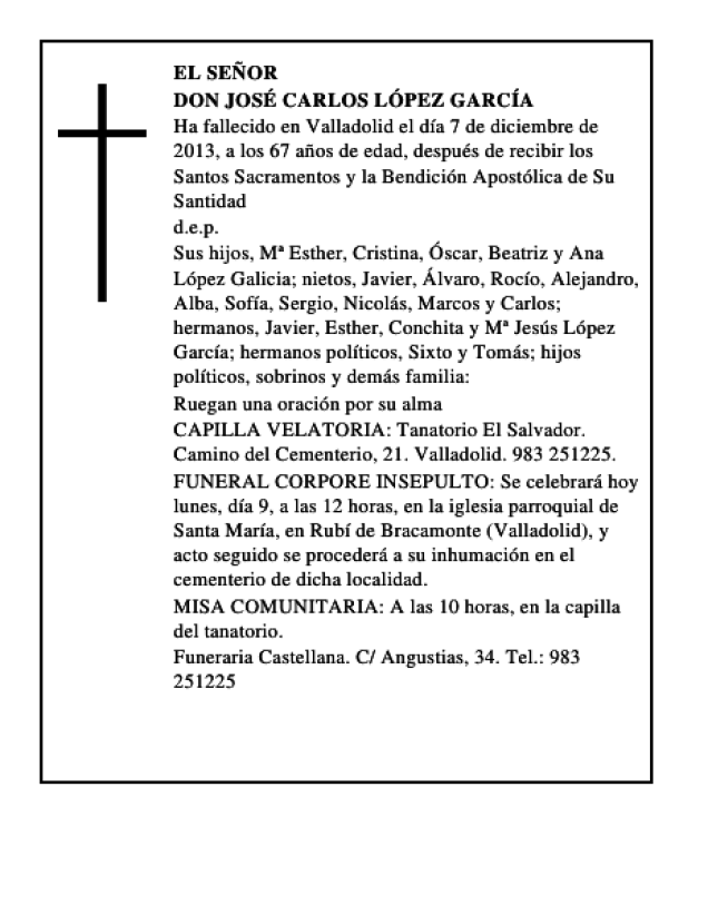 Don José Carlos López García | Esquela Necrológica | El Norte de Castilla