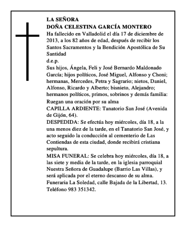 Doña Celestina García Montero | Esquela Necrológica | El Norte de Castilla