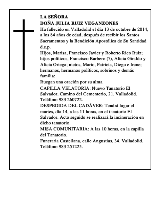 Doña Julia Ruiz Veganzones | Esquela Necrológica | El Norte de Castilla