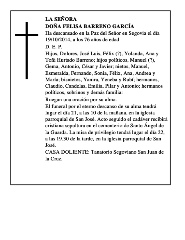 Doña Felisa Barreno García | Esquela Necrológica | El Norte de Castilla