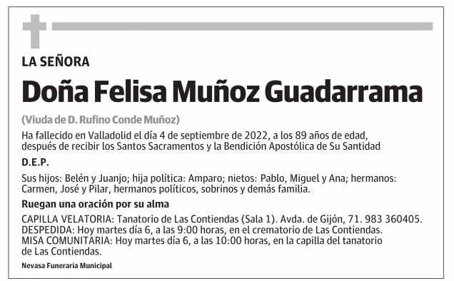 Felisa Muñoz Guadarrama | Esquela Necrológica | El Norte de Castilla