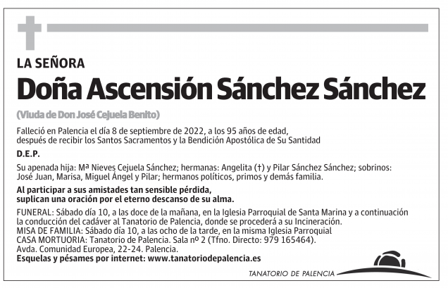 Ascensión Sánchez Sánchez | Esquela Necrológica | El Norte de Castilla