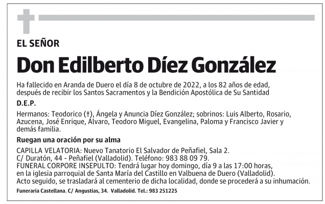 Edilberto Díez González | Esquela Necrológica | El Norte de Castilla
