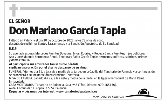 Mariano García Tapia | Esquela Necrológica | El Norte de Castilla