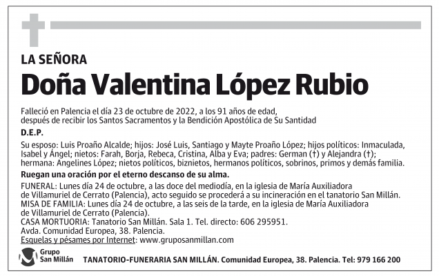 Valentina López Rubio | Esquela Necrológica | El Norte de Castilla