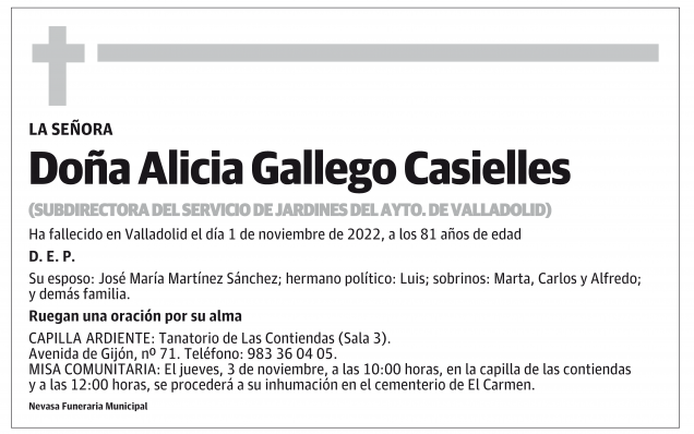 Alicia Gallego Casielles | Esquela Necrológica | El Norte de Castilla