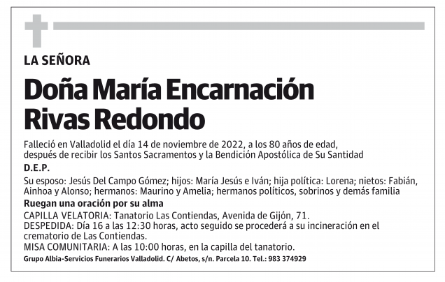 María Encarnación Rivas Redondo | Esquela Necrológica | El Norte de Castilla