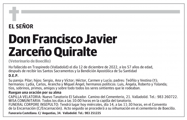 Francisco Javier Zarceño Quiralte | Esquela Necrológica | El Norte de Castilla