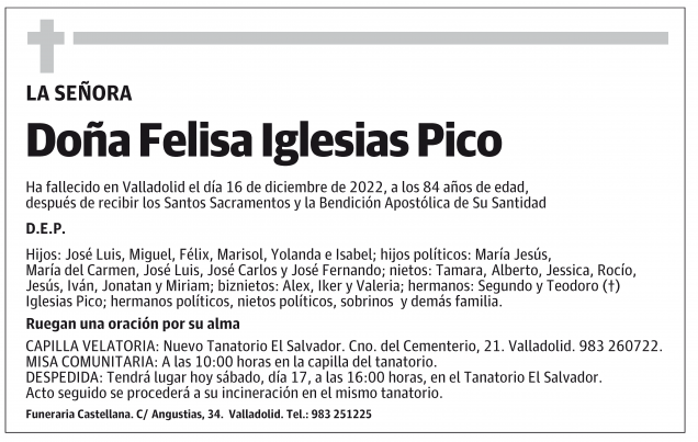 Felisa Iglesias Pico | Esquela Necrológica | El Norte de Castilla