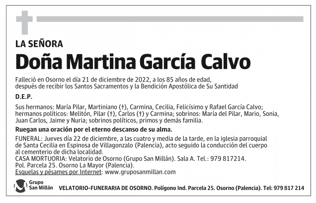 Martina García Calvo | Esquela Necrológica | El Norte de Castilla