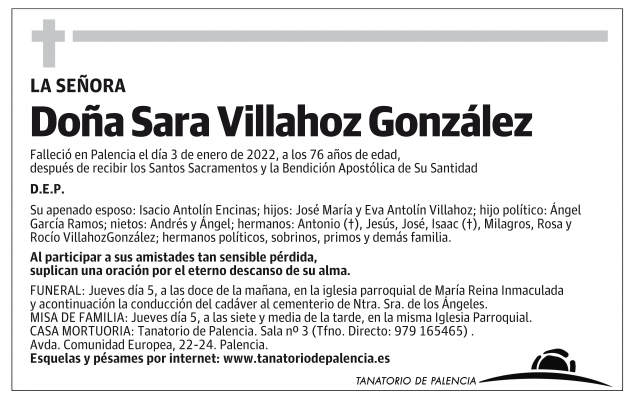 Sara Villahoz González | Esquela Necrológica | El Norte de Castilla