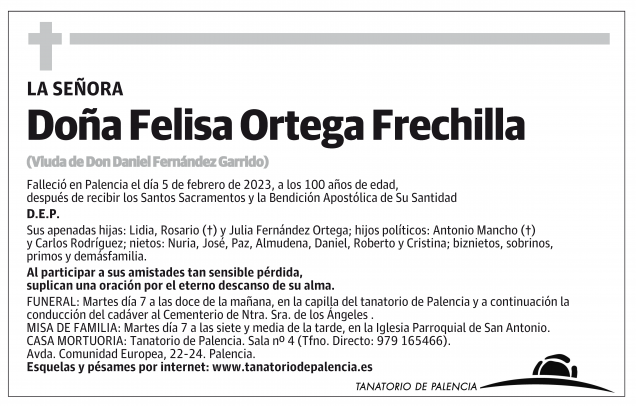 Felisa Ortega Frechilla | Esquela Necrológica | El Norte de Castilla