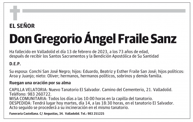 Gregorio Ángel Fraile Sanz | Esquela Necrológica | El Norte de Castilla