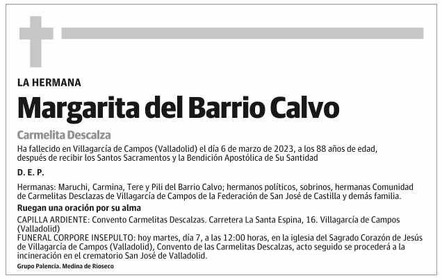 Margarita del Barrio Calvo | Esquela Necrológica | El Norte de Castilla
