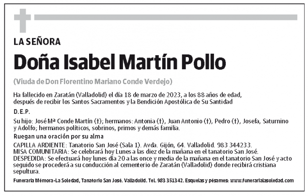 Isabel Martín Pollo | Esquela Necrológica | El Norte de Castilla