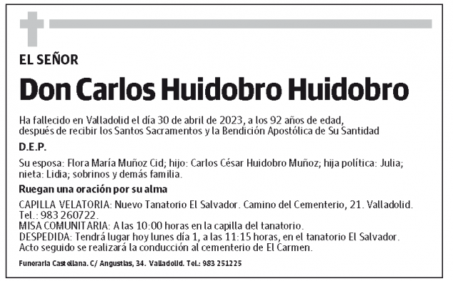 Carlos Huidobro Huidobro | Esquela Necrológica | El Norte de Castilla