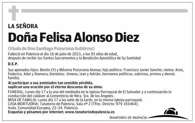 Felisa Alonso Diez | Esquela Necrológica | El Norte de Castilla