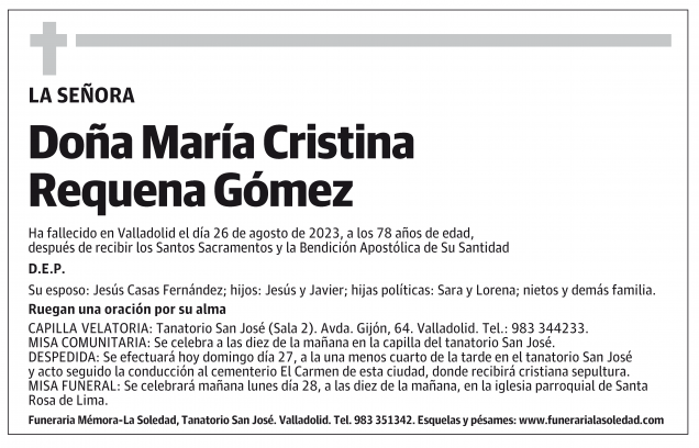 María Cristina Requena Gómez | Esquela Necrológica | El Norte de Castilla