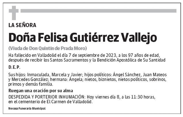 Felisa Gutiérrez Vallejo | Esquela Necrológica | El Norte de Castilla