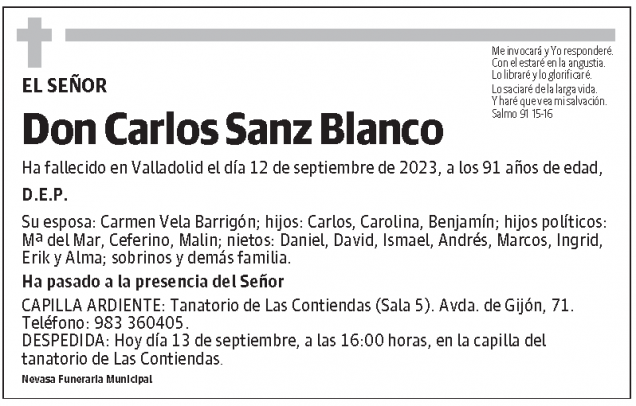 Carlos Sanz Blanco | Esquela Necrológica | El Norte de Castilla