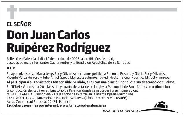Juan Carlos Ruipérez Rodríguez | Esquela Necrológica | El Norte de Castilla