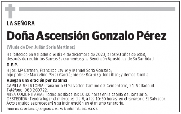 Ascensión Gonzalo Pérez | Esquela Necrológica | El Norte de Castilla